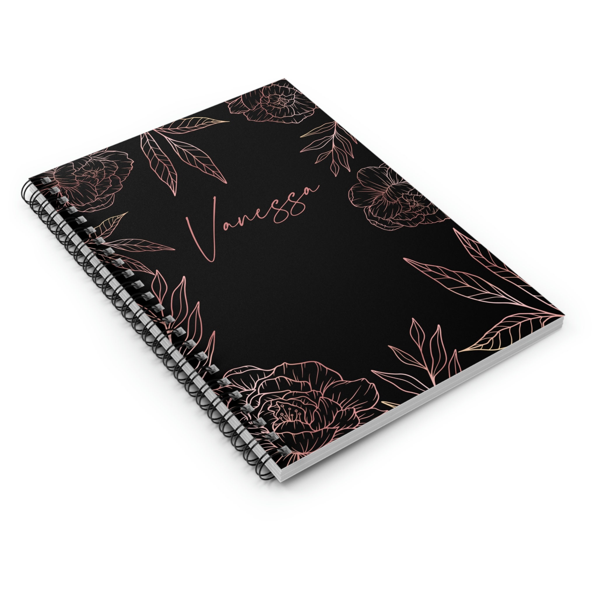 Personalized Journal Rose-gold & Black Floral Custom Diary Spiral ...