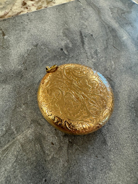 Antique Edwardian Etched Brass Coin Holder Pendant - Gem