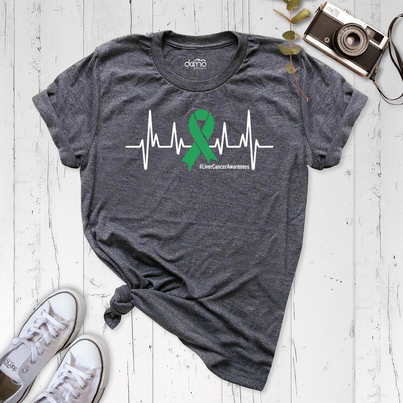 Heartbeat Liver Cancer Shirt, Green Ribbon Cancer Awareness Tshirt ...