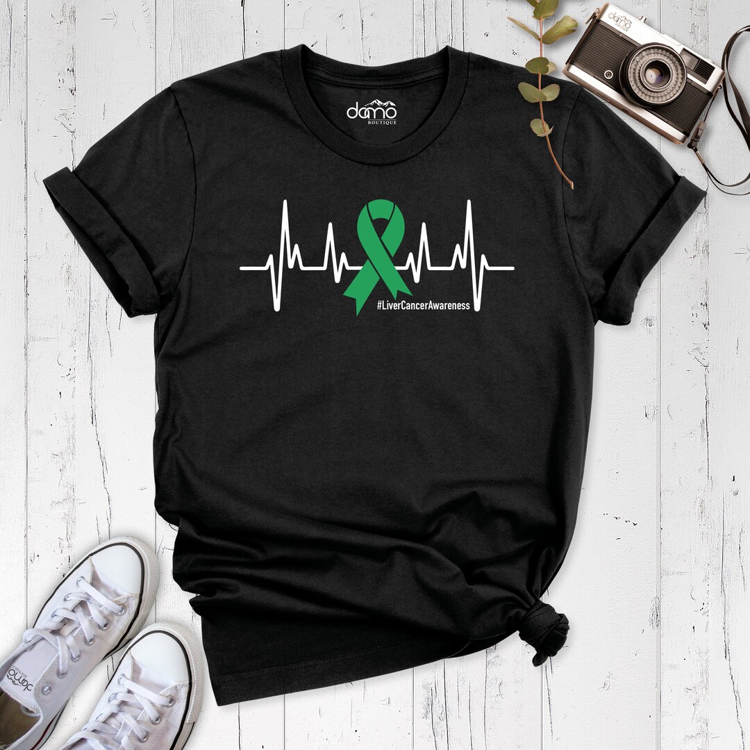 Heartbeat Liver Cancer Shirt, Green Ribbon Cancer Awareness Tshirt ...