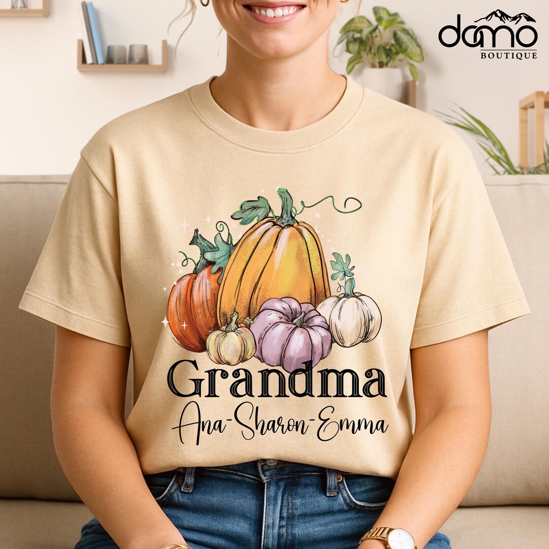 Fall Pumpkin Grandma Grandkids Names Shirt Custom Thanksgiving Tee ...