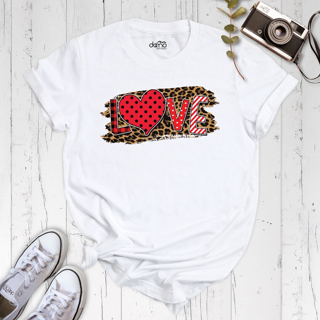 Cute Leopard Love Print Shirt, Women's Leopard Print Love Shirt, Trendy ...