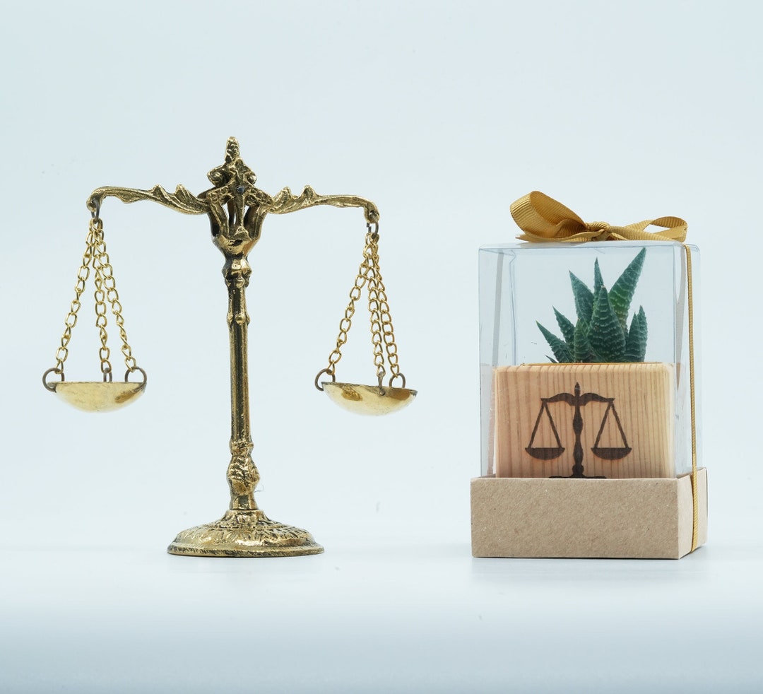 Scales of Justice, Brass Libra Scale, Live Succulent Plant in Wooden ...