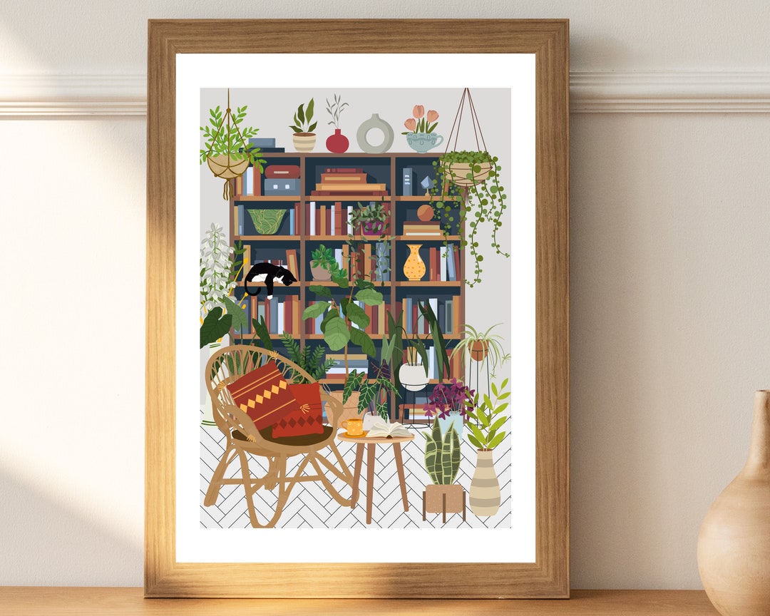 Book Lovers Print, Cosy Books Scene Print, Books and Cat Print, A4 ...