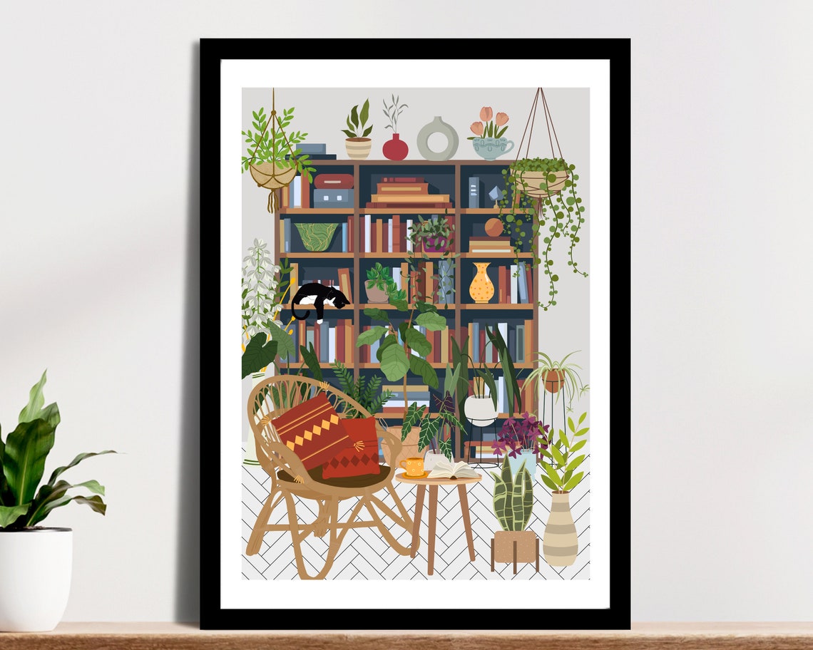 Book Lovers Print, Cosy Books Scene Print, Books and Cat Print, A4 ...