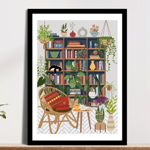 Book Lovers Print, Cosy Books Scene Print, Books and Cat Print, A4 ...