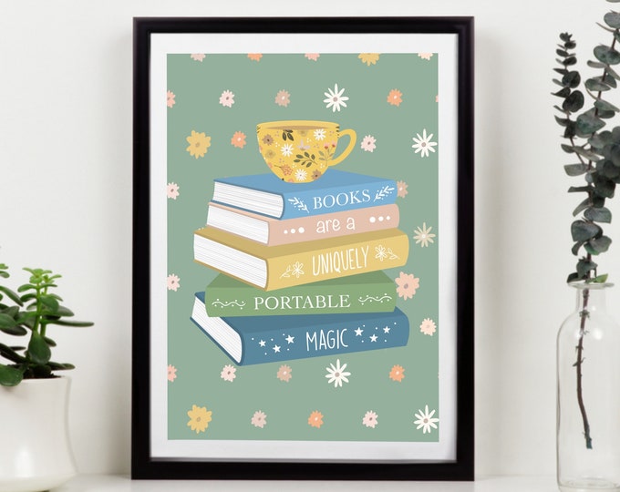 Book Lovers Print, Cosy Books Scene Print, Books and Cat Print, A4 ...