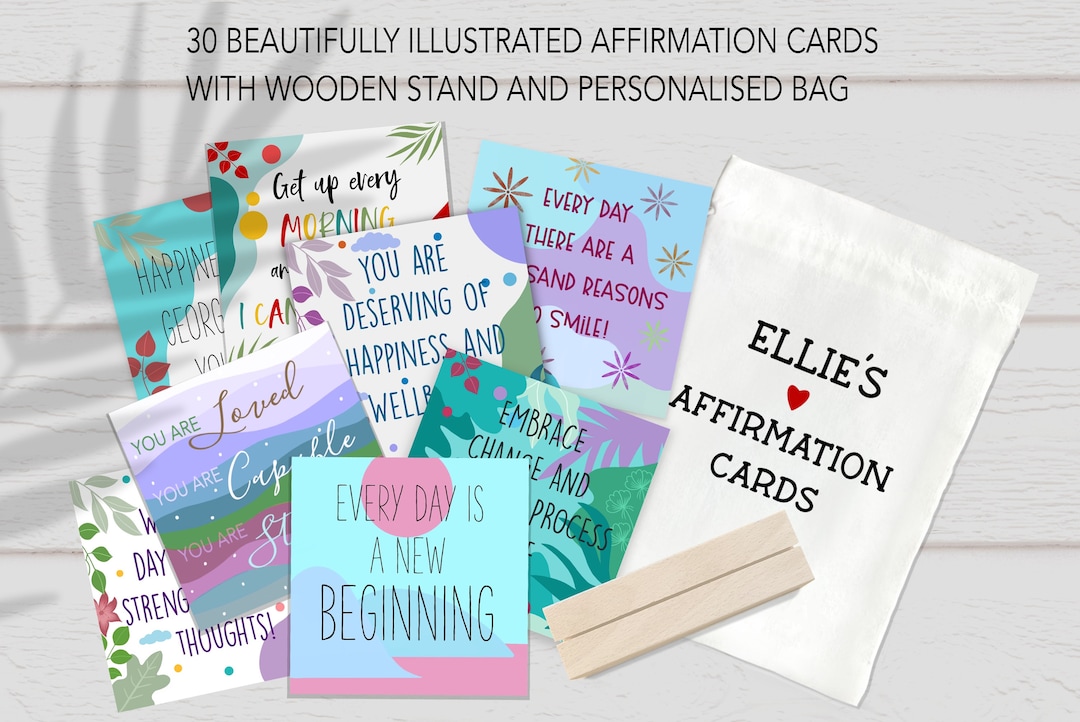 Affirmation Cards - Pack of 30 - Personalised Bag and Wooden Stand ...