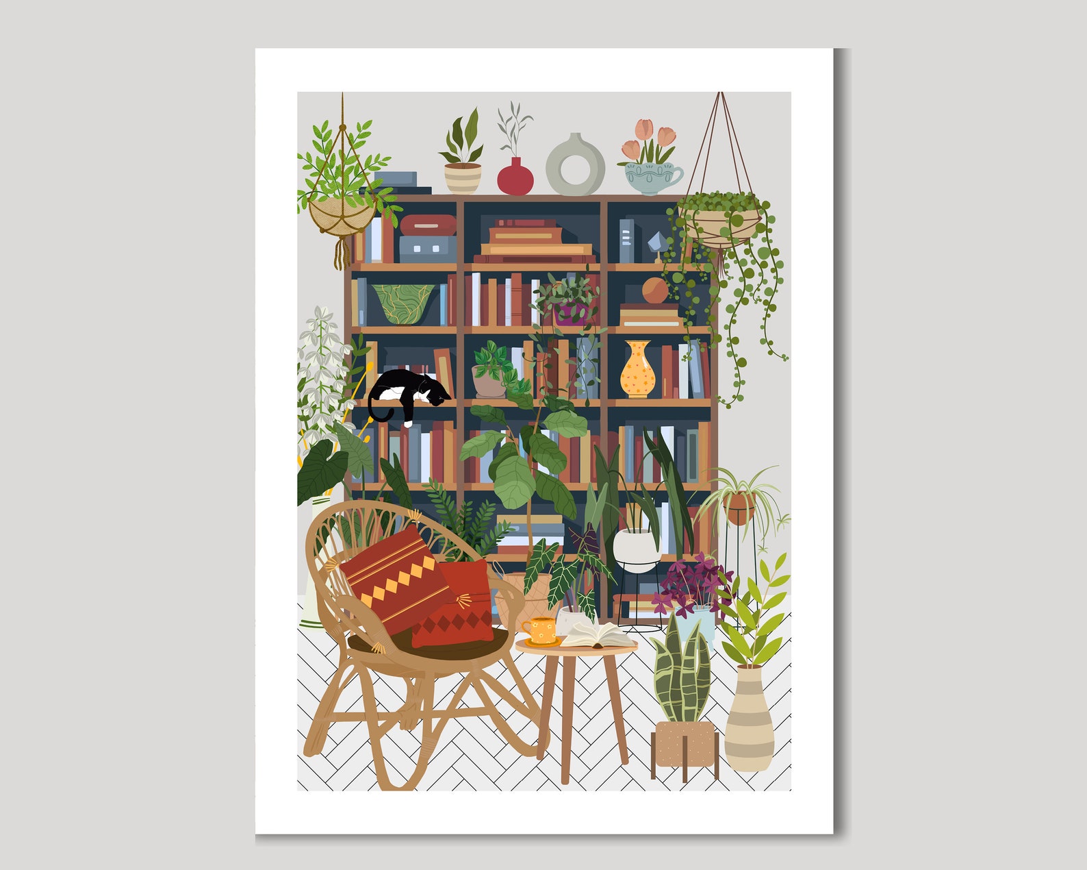 Book Lovers Print, Cosy Books Scene Print, Books and Cat Print, A4 ...