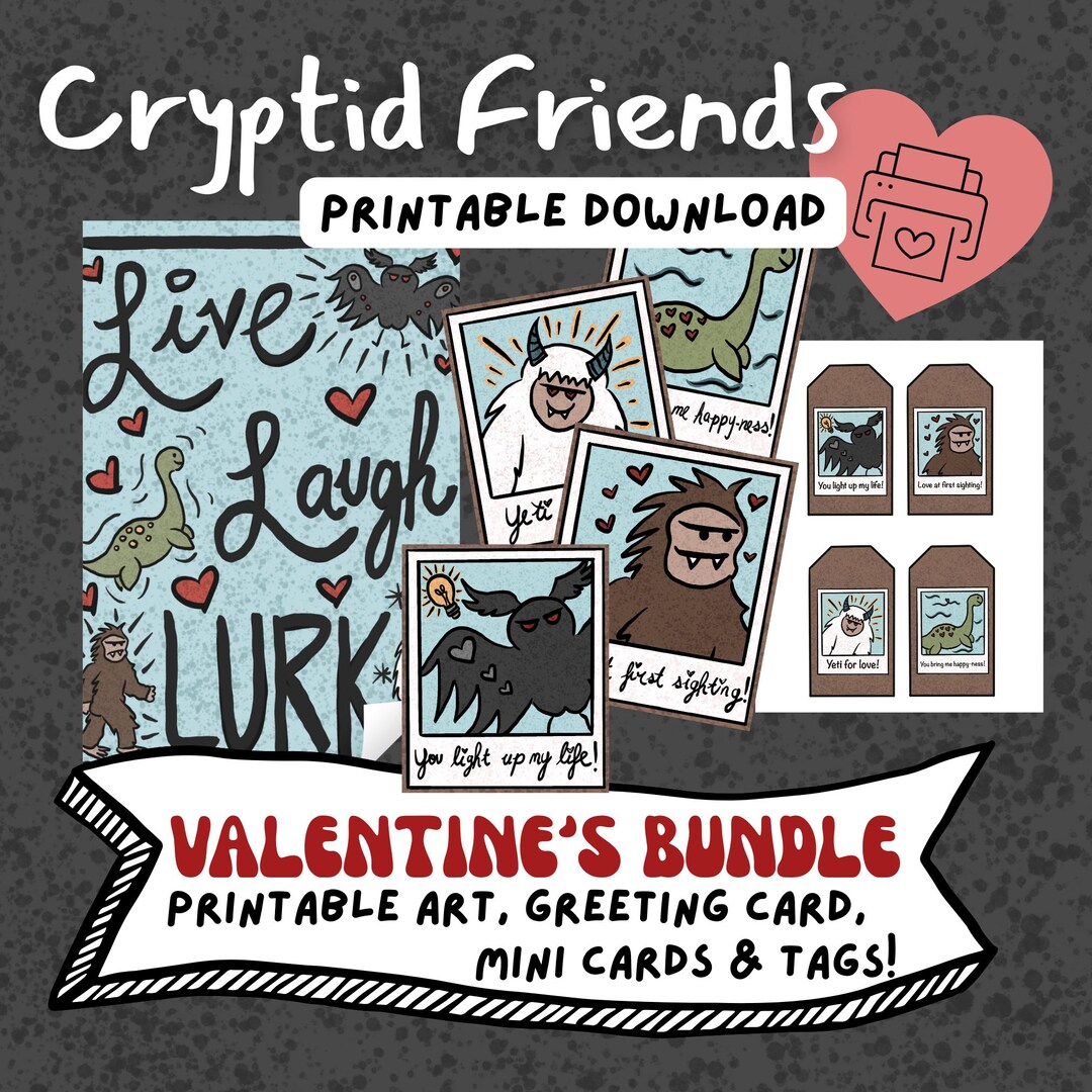 Cryptid Friends Printable Valentine's Bundle | 4 PDF Items | Digital ...