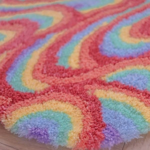 Wavy Rainbow Circle Handmade Tufted Rug Made to Order Rug Retro Groovy ...