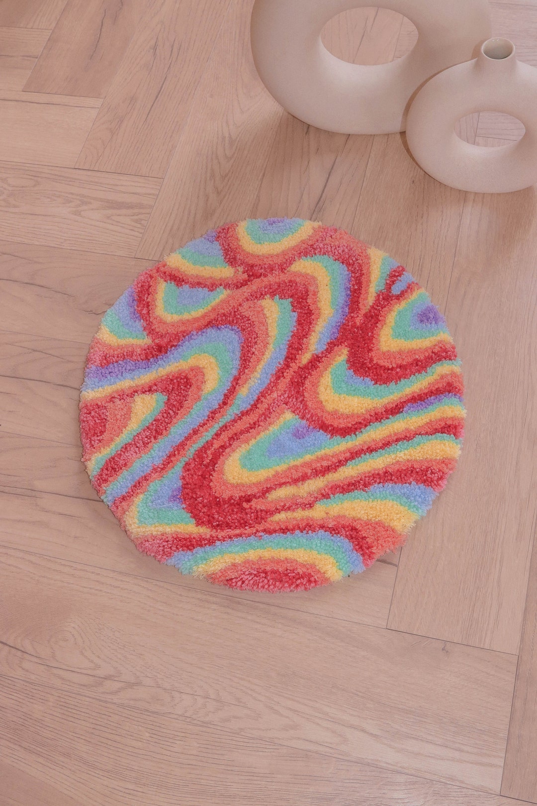 Wavy Rainbow Circle Handmade Tufted Rug Made to Order Rug Retro Groovy ...
