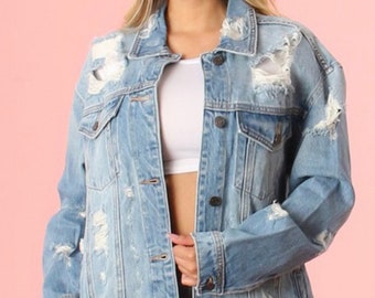 Distressed Denim Jacket Levi's Wrangler, Ripped Oversized Jean Jacket ...