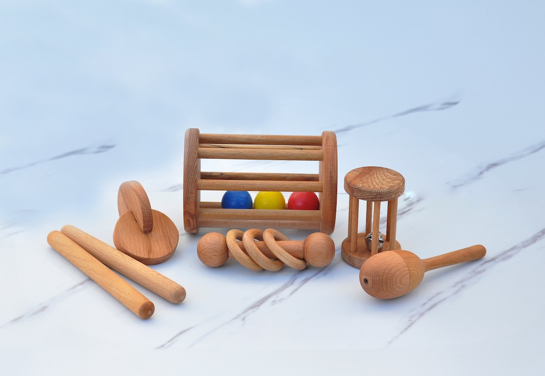 Montessori Wooden Rattle Set – Bell Cylinder, Interlocking Discs ...