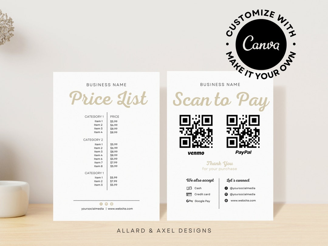 Printable Price List Template, Scan to Pay Template for Small Business ...