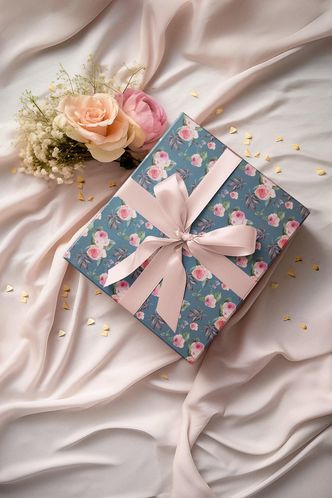 Romantic Midnight Rose Wrapping Paper Deep Blue Elegance With Blushing ...