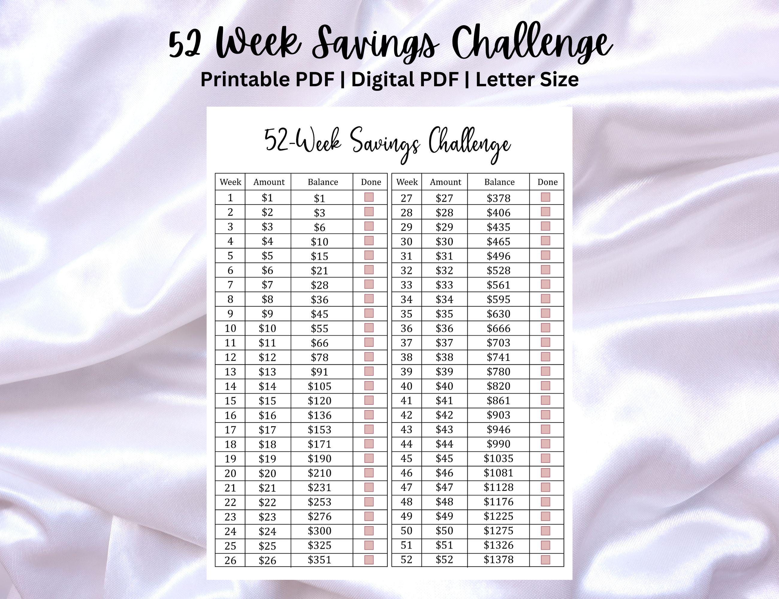 52-week Savings Challenge: Printable Budget Tracker (PDF) - Etsy
