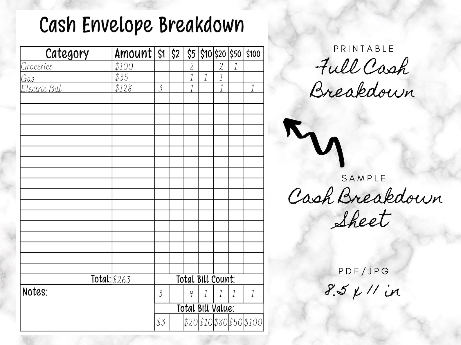 Printable Full Size Cash Breakdown | Etsy