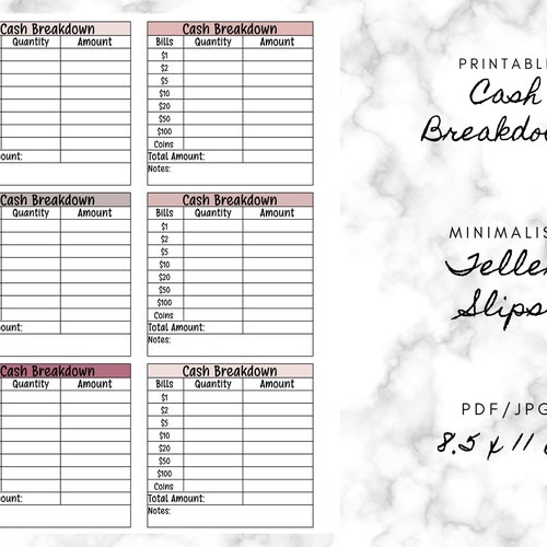 PRINTABLE Cash Breakdown Slip Bank Teller Slip - Etsy