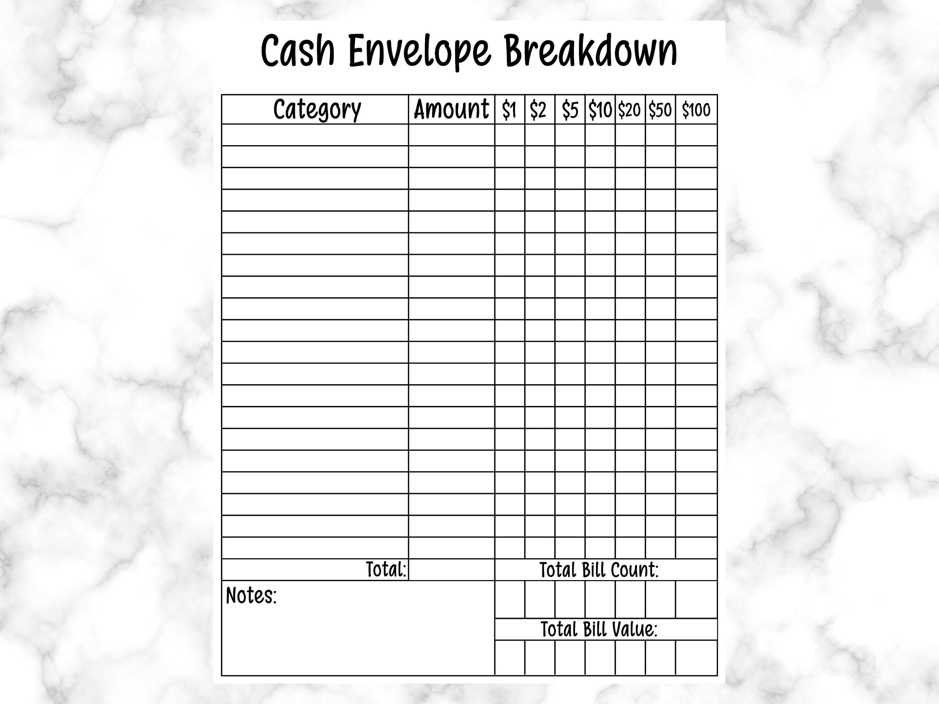 Printable Full Size Cash Breakdown | Etsy