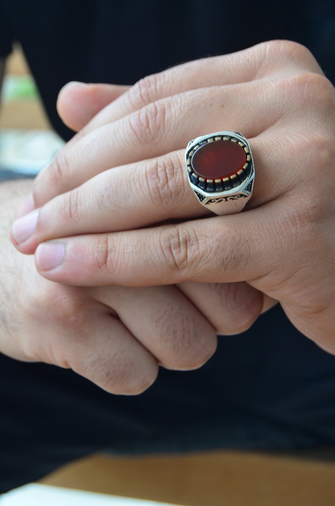 Yemeni Dark Red Aqeeq Silver Men Ring, Aqeeq İslamic Men's Ring, Red ...