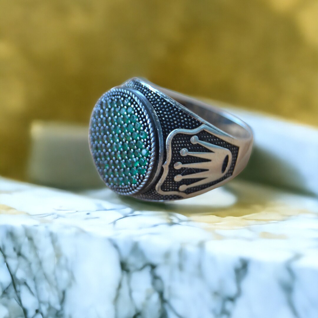 925 Sterling Silver Handmade Green Emerald Men's Ring, Turkish Silver ...