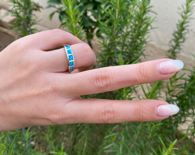 Sterling Silver Blue Fire Opal Inlay Ring Hawaiian Blue Opal Gemstone ...