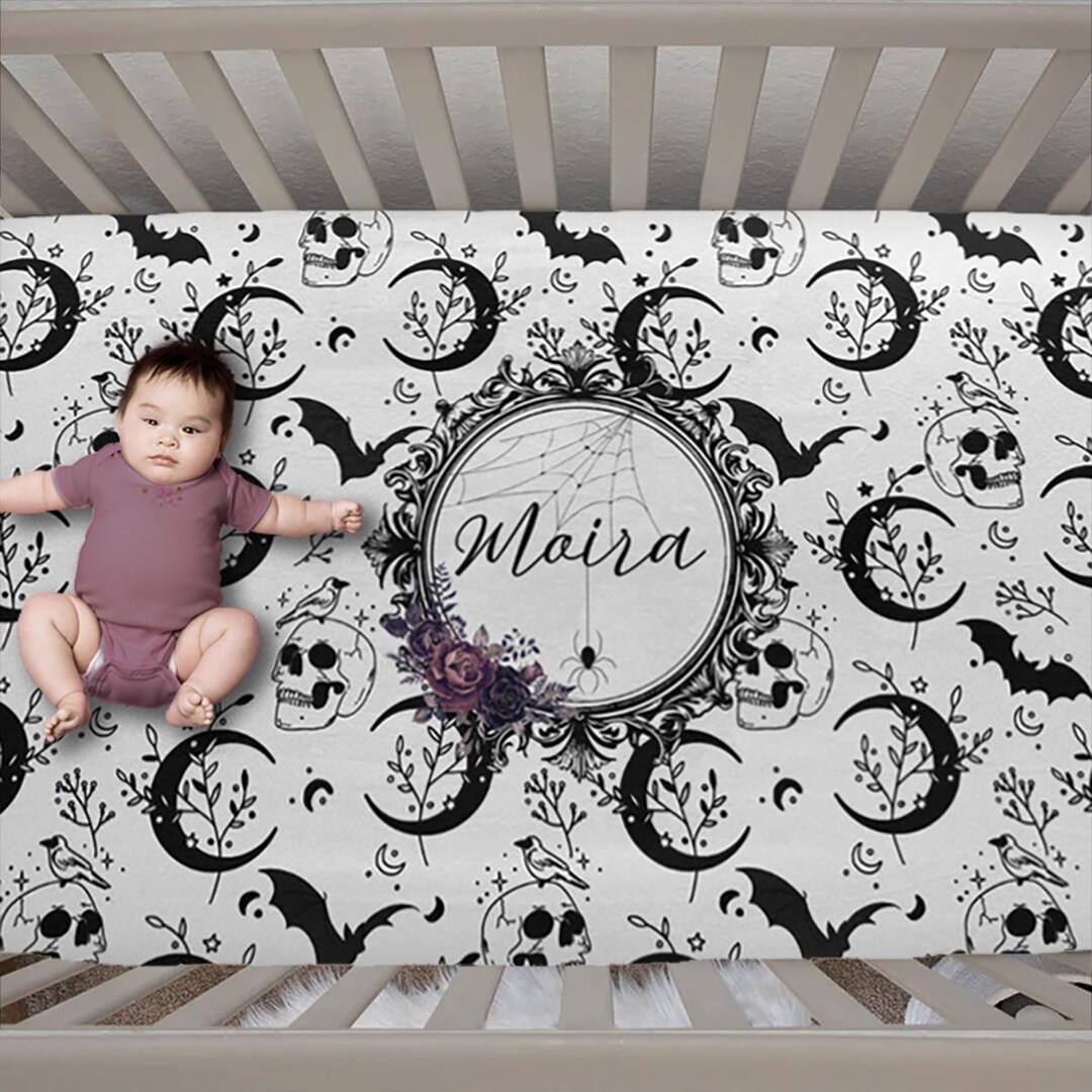 Gothic Bats and Skulls Crib Sheet, Personalized Goth Floral Bedding for ...