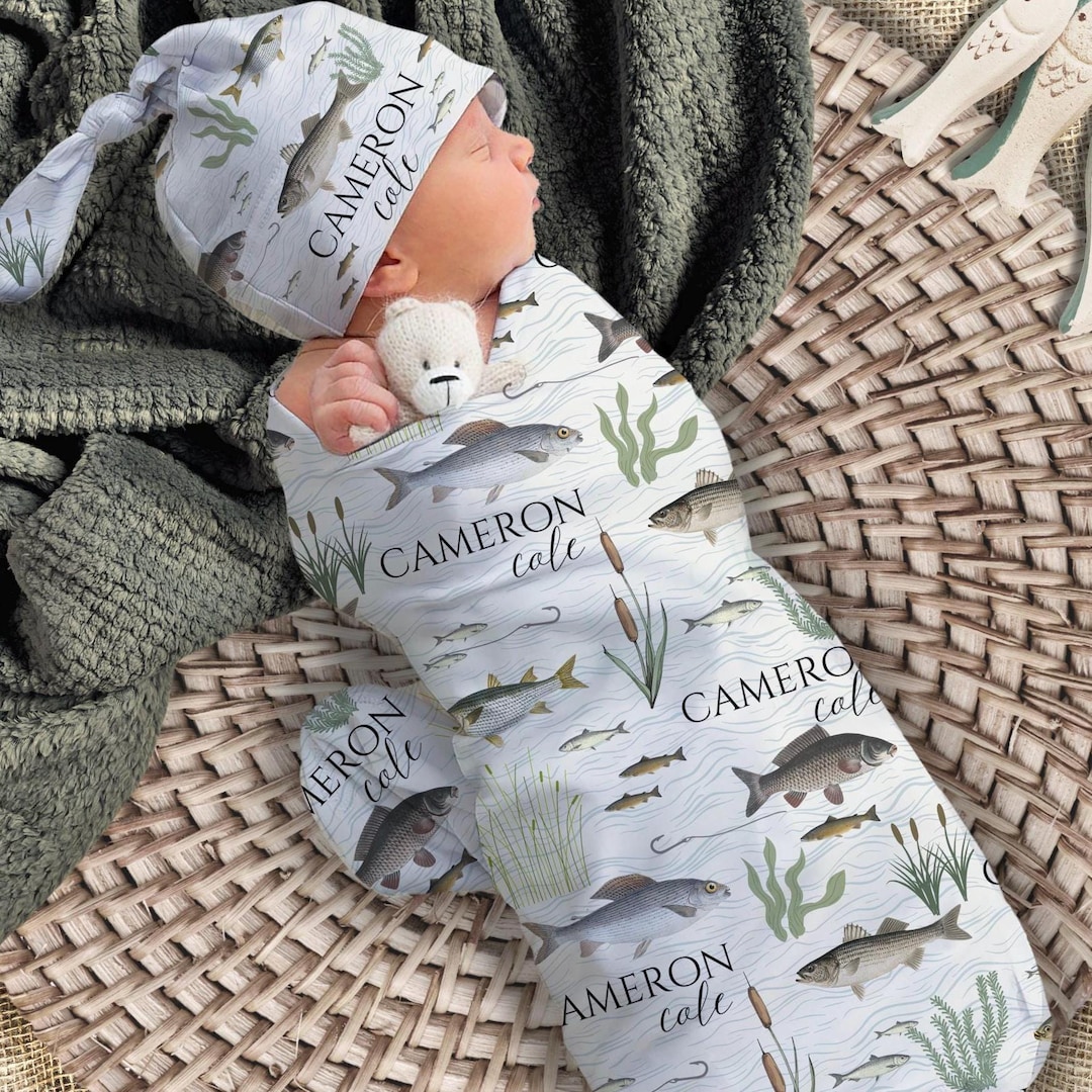Fish Swaddle Blanket, Lake Themed Nursery, Trout and Bass Fisherman ...