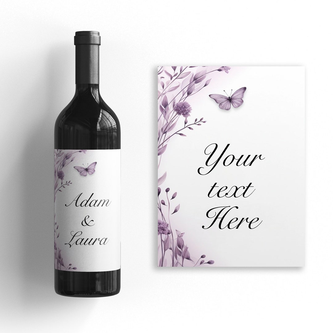 Purple Flowers With Butterfly Personalised Celebratory Wine Labels for ...