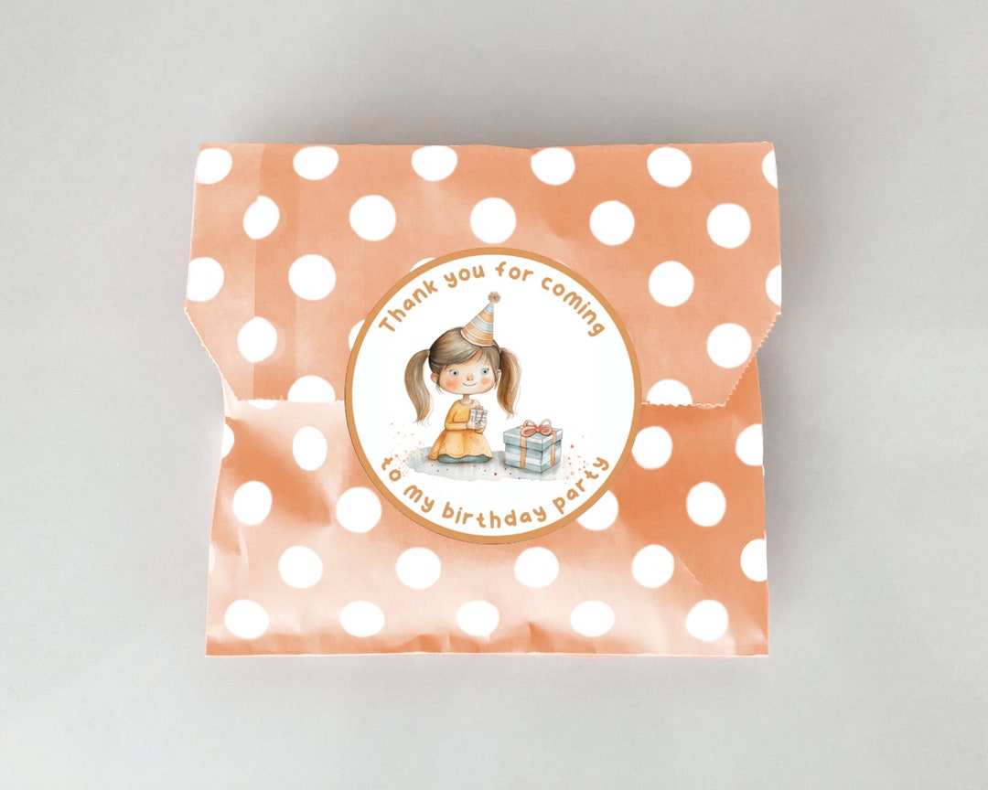 Illustrated Girl Party Themed Birthday Party Bag Thank You Stickers ...