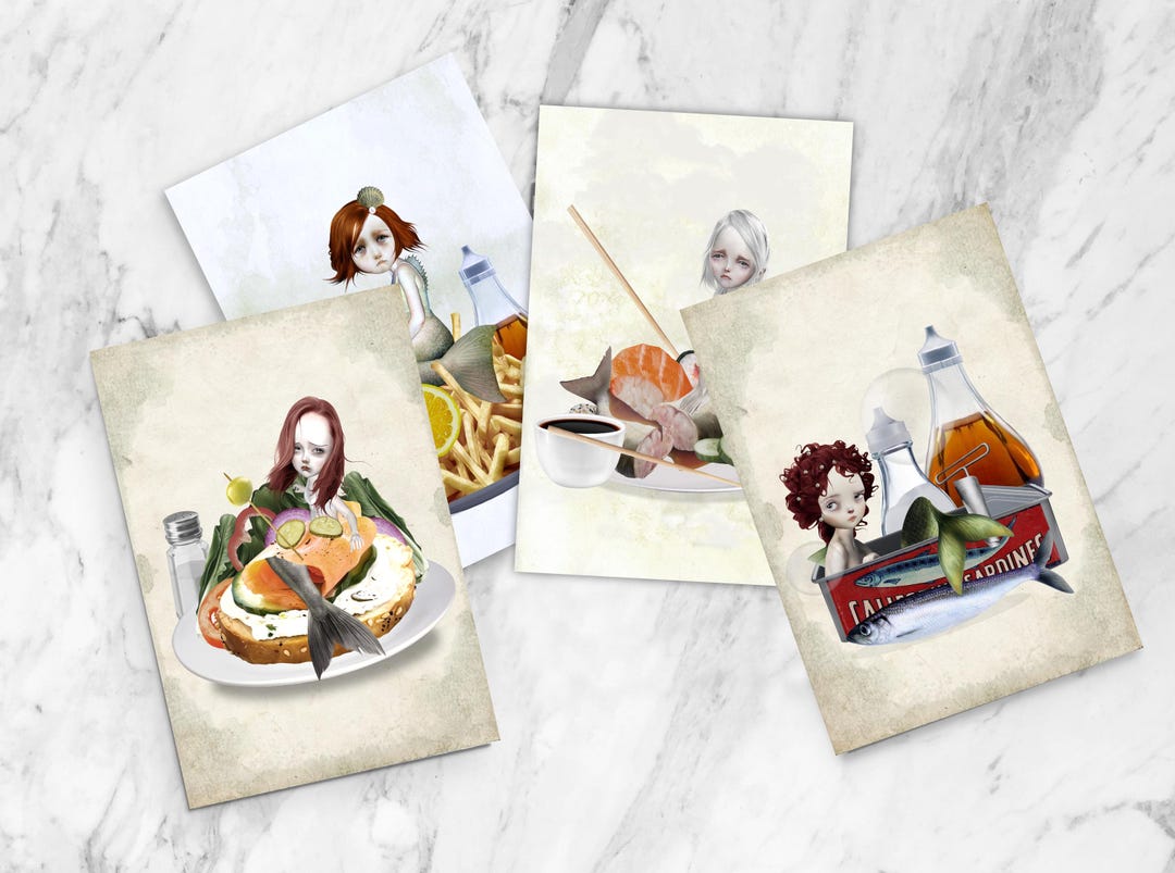 Quirky Mermaid Postcard Set X 4 Pop Surrealism Art - Etsy