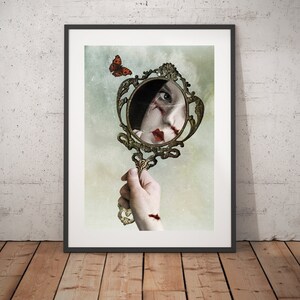 Wounded Face Reflection in Hand Mirror Art Print Surrealist Wall Art ...