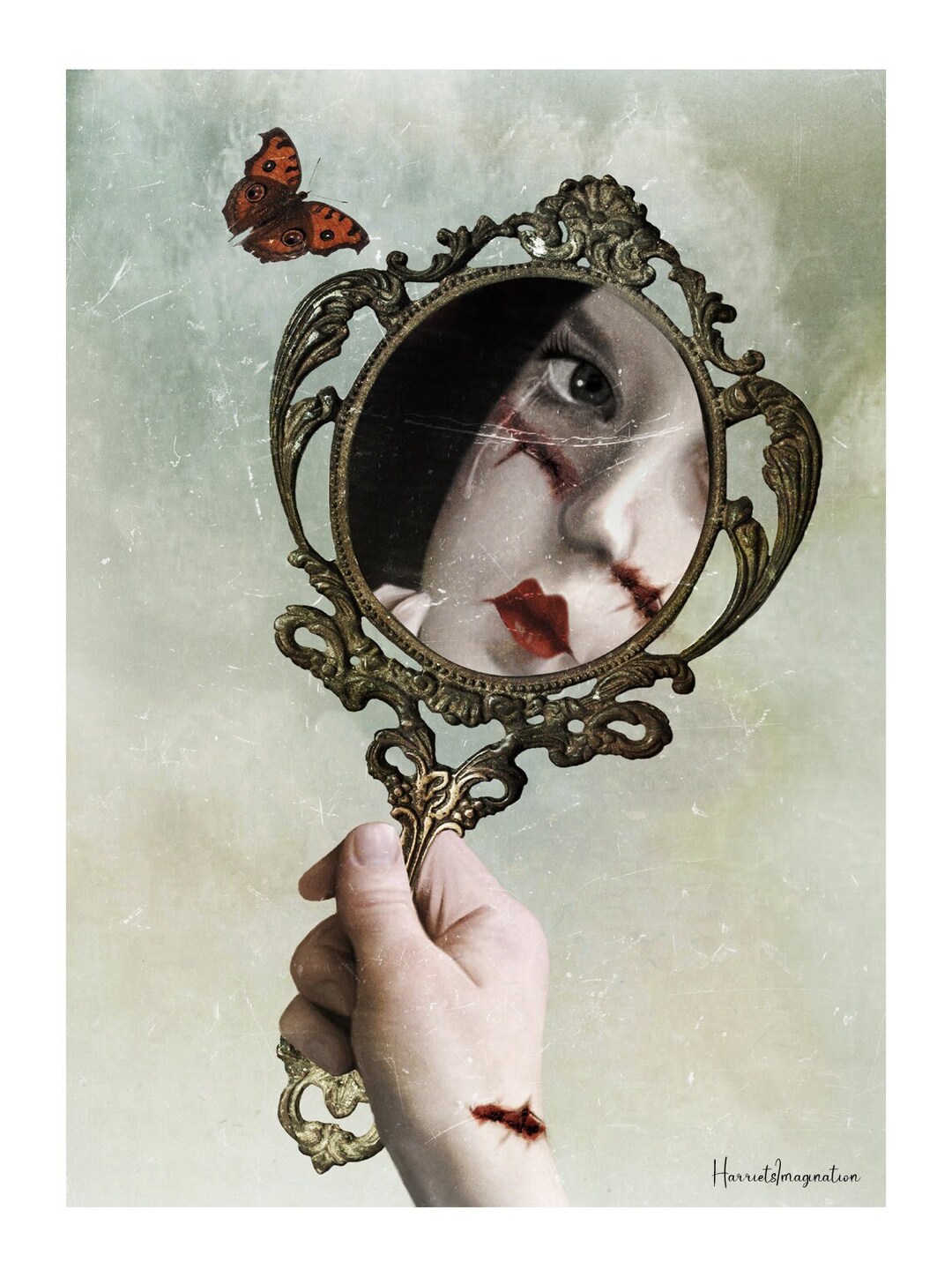 Wounded Face Reflection in Hand Mirror Art Print Surrealist Wall Art ...