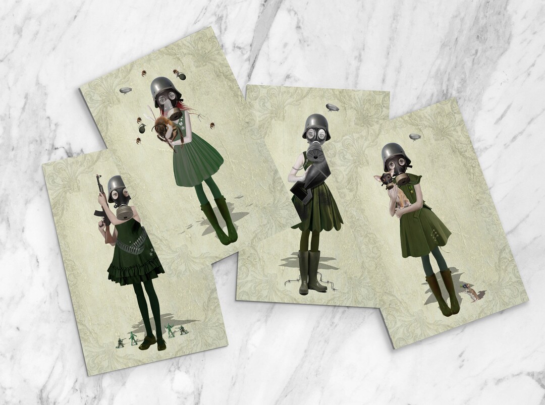 Quirky Gas Mask Girl Art Postcard Set Unique A6 Cards Bundle, Set of 4 ...