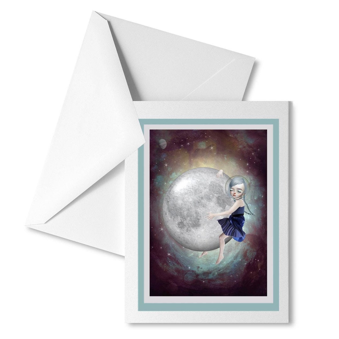 Art Greeting Card Girl Hugging Moon - Etsy