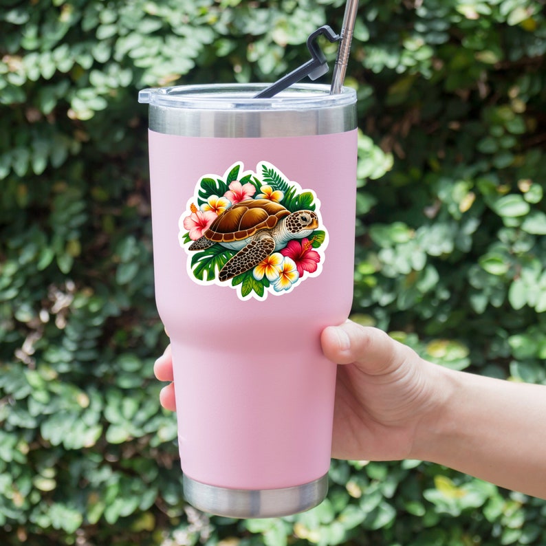 Vibrant Sea Turtle With Tropical Flowers Die-cut Sticker, Hydro Flask ...