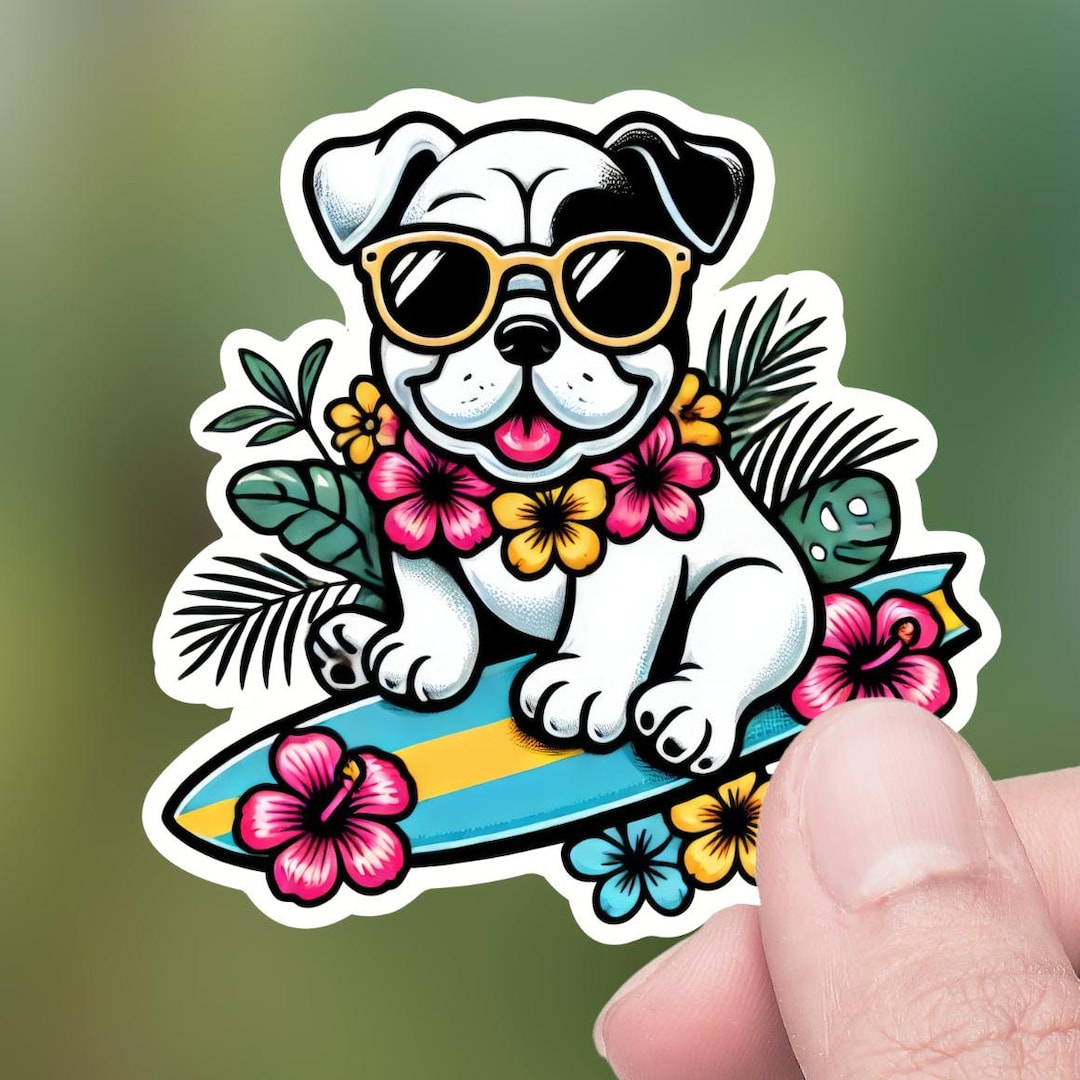Cute English Bulldog Pup Riding a Surfboard, Flowers, Die-cut Sticker ...
