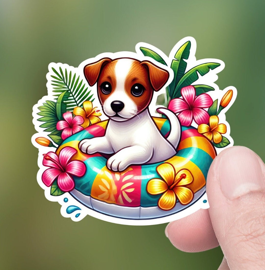 Cute Jack Russell Puppy Die-cut Sticker, Kawaii, Summer Floaty, Tropic ...