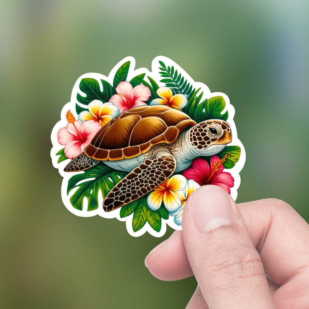 Vibrant Sea Turtle With Tropical Flowers Die-cut Sticker, Hydro Flask ...