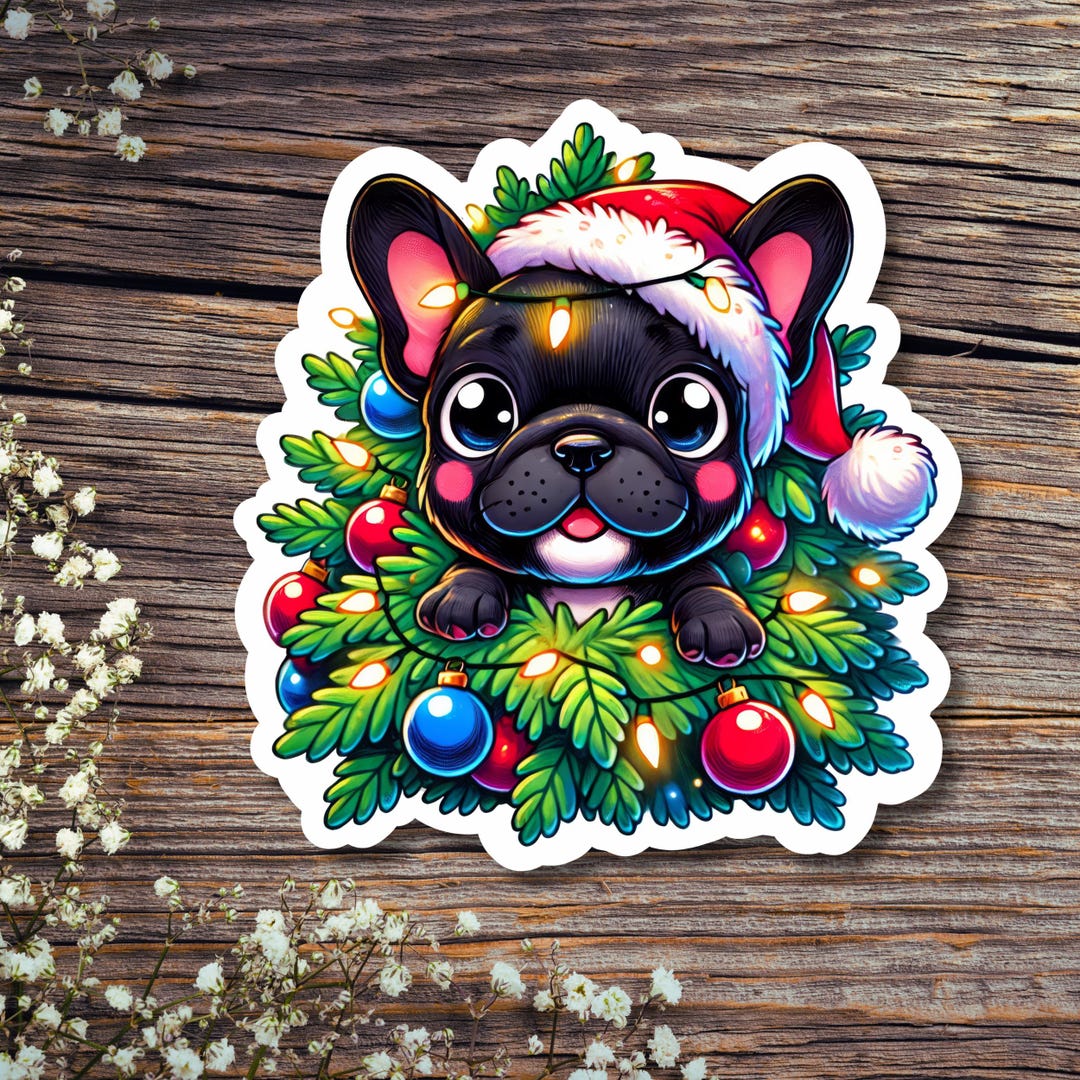 Cute Holiday Frenchie Puppy, Christmas Lights, Wreath, Die-cut Sticker ...