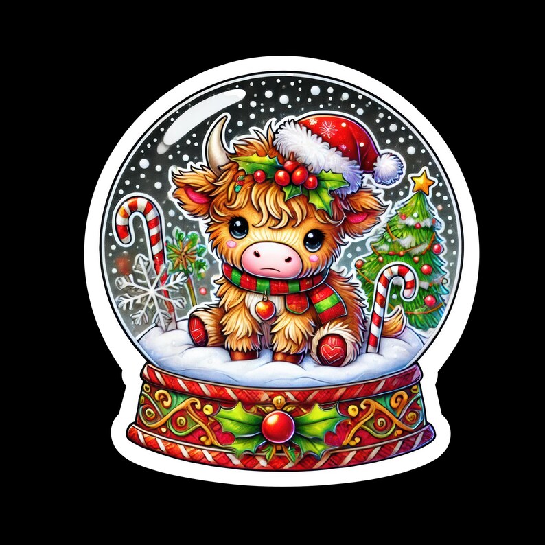 Cute Holiday Highland Cow Calf in a Snow Globe, Christmas, Die-cut ...