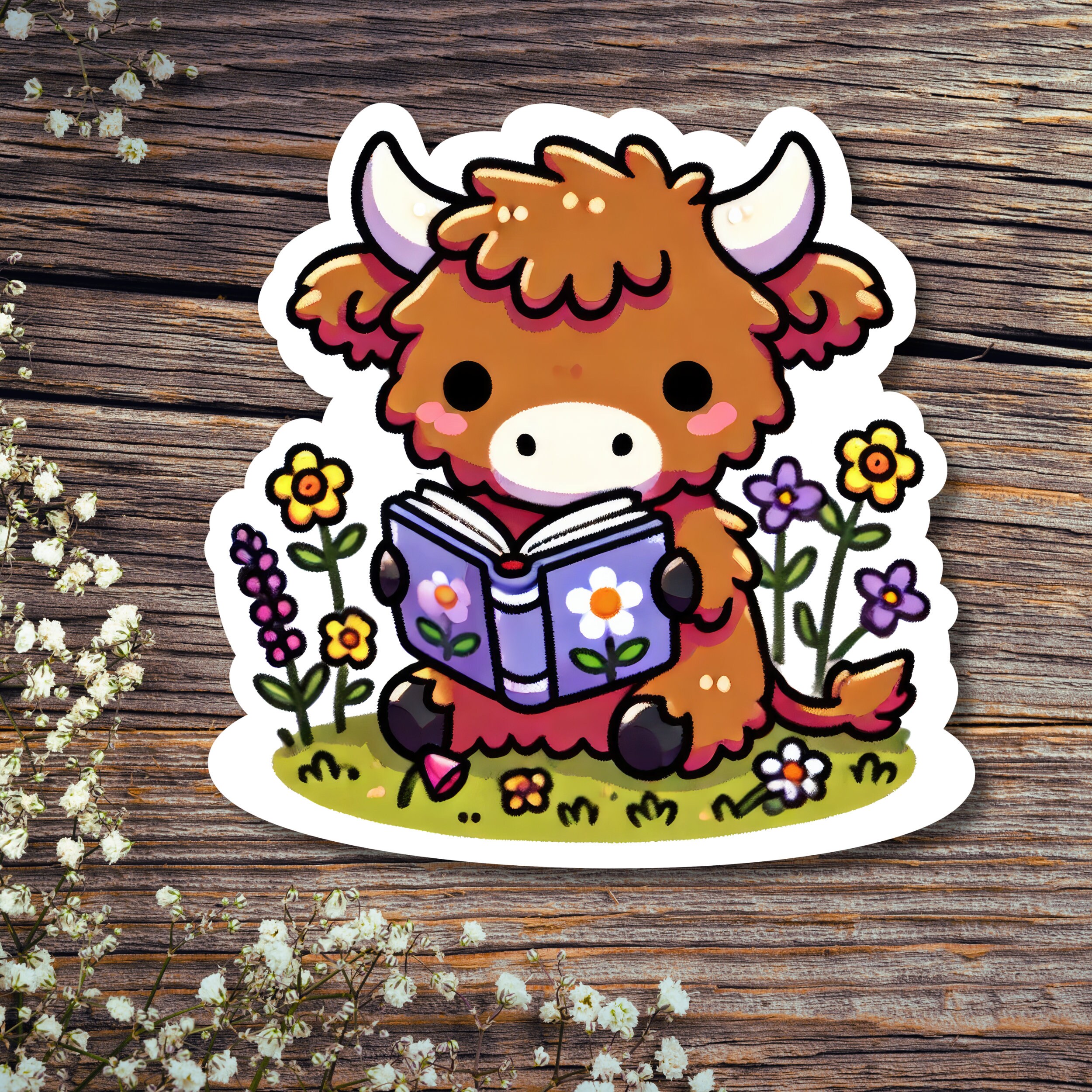 Cute Highland Cow Calf Reading a Book, Die-cut Sticker, Hydro Flask ...