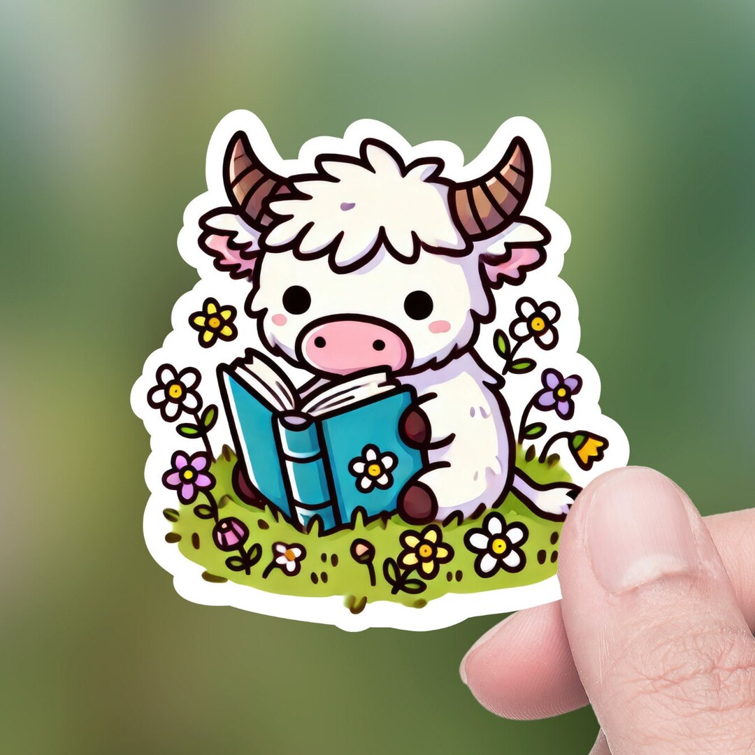 Cute Whtie Highland Cow Reading a Book, Die-cut Sticker, Hydro Flask ...