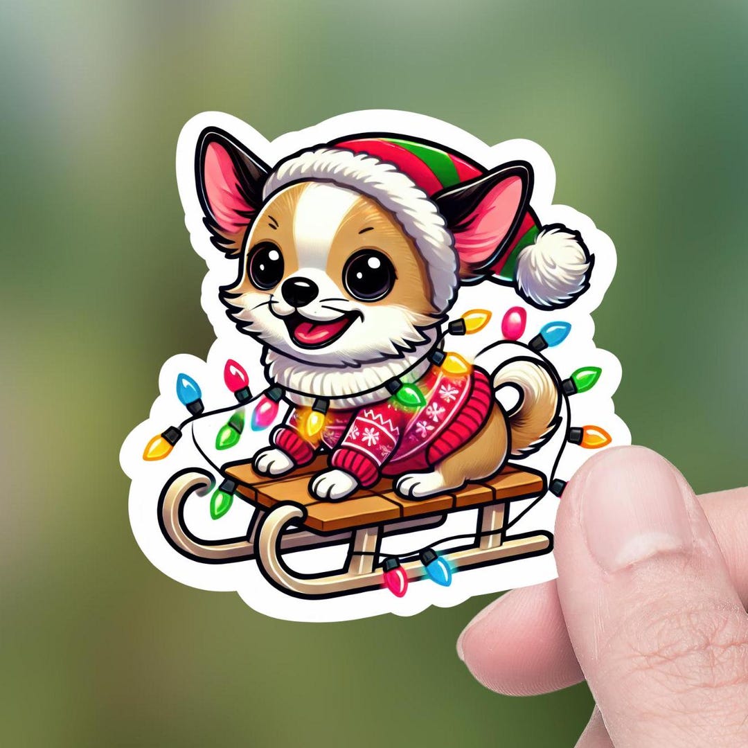 Cute Holiday Chihuahua Pup on a Sled, Christmas Lights, Die-cut Sticker ...