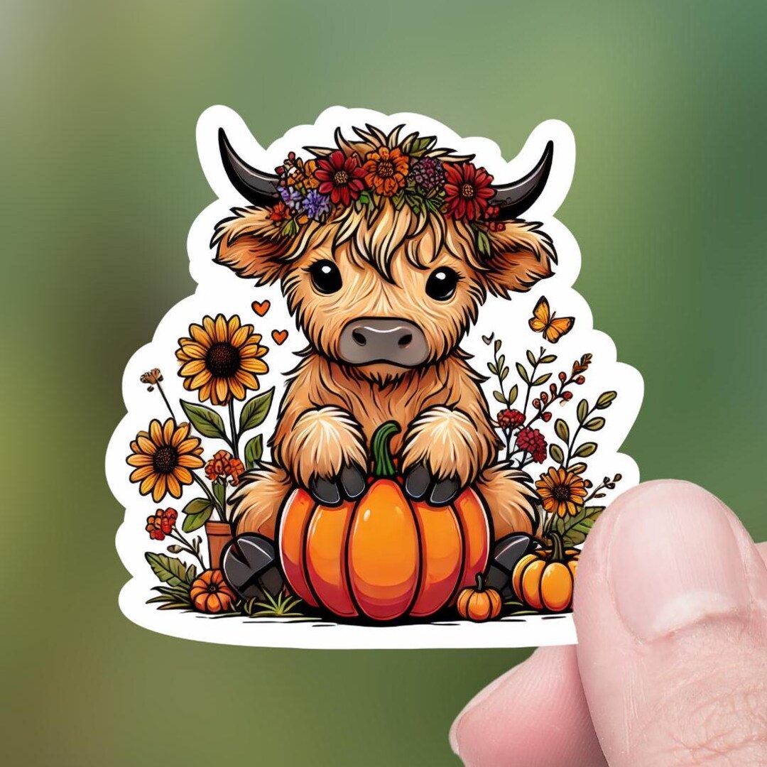 Cute Fall Highland Cow Calf With Pumpkin, Flowers, Die-cut Sticker ...