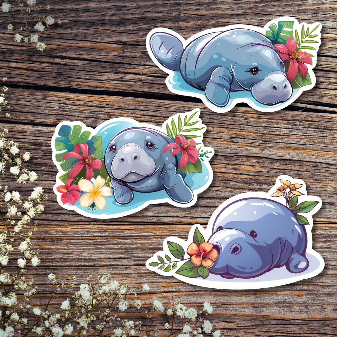 Set of 3 Cute Manatee With Tropical Flowers, Die-cut Stickers, Hydro ...