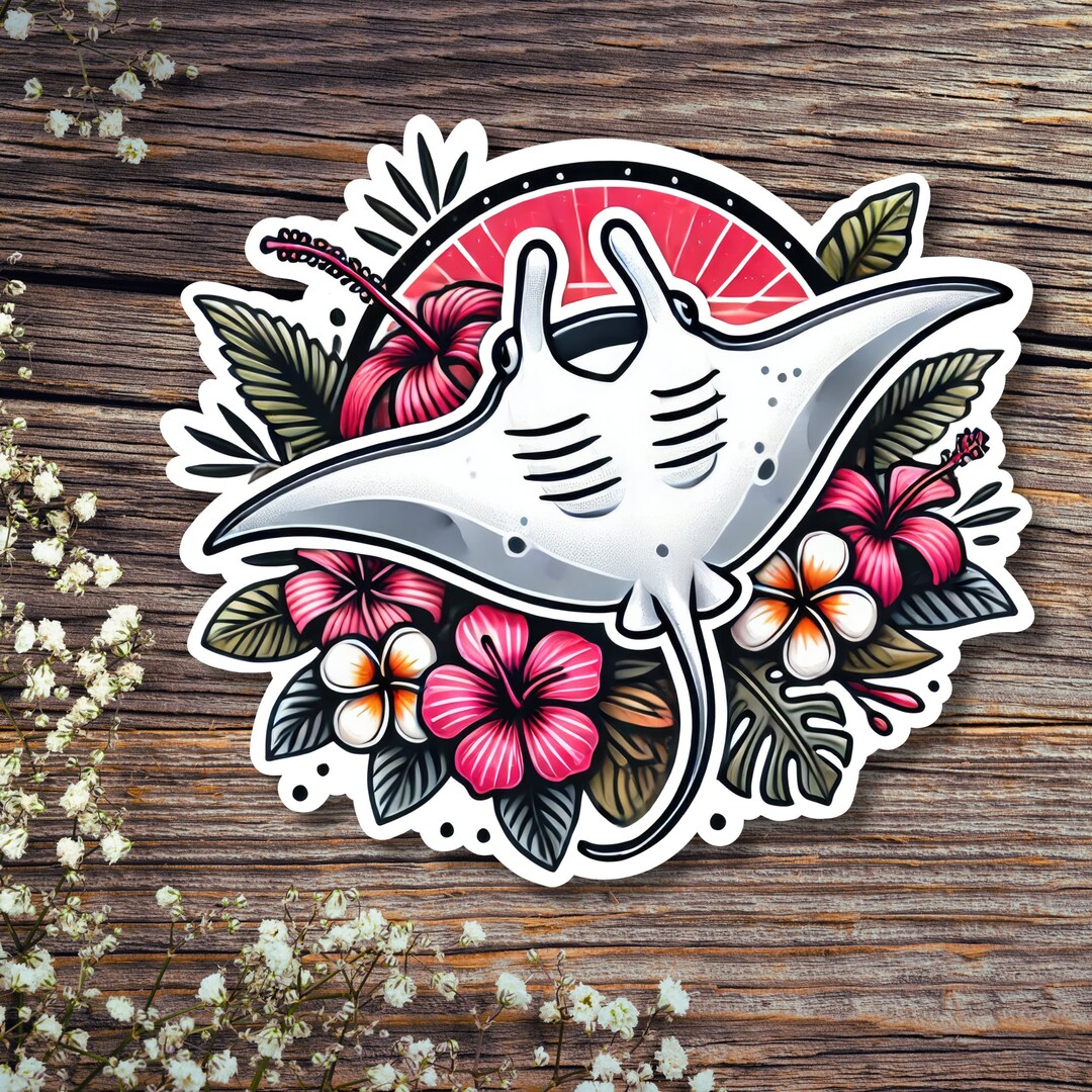 Summer Ocean Manta Ray With Tropical Flowers, Shark, Die-cut Sticker ...
