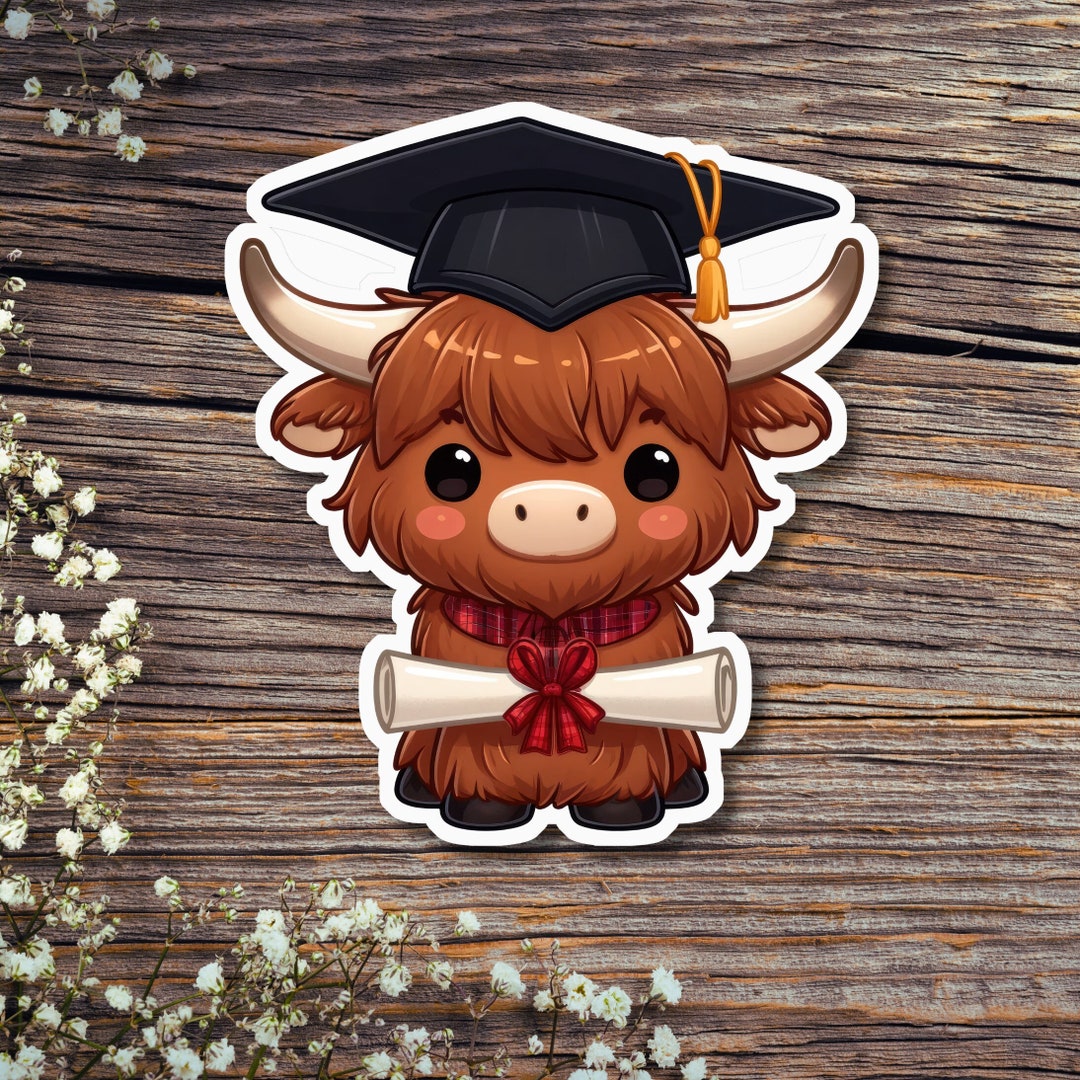 Highland Cow Graduate Die-cut Sticker, Hydro Flask Decal, Water Bottle ...