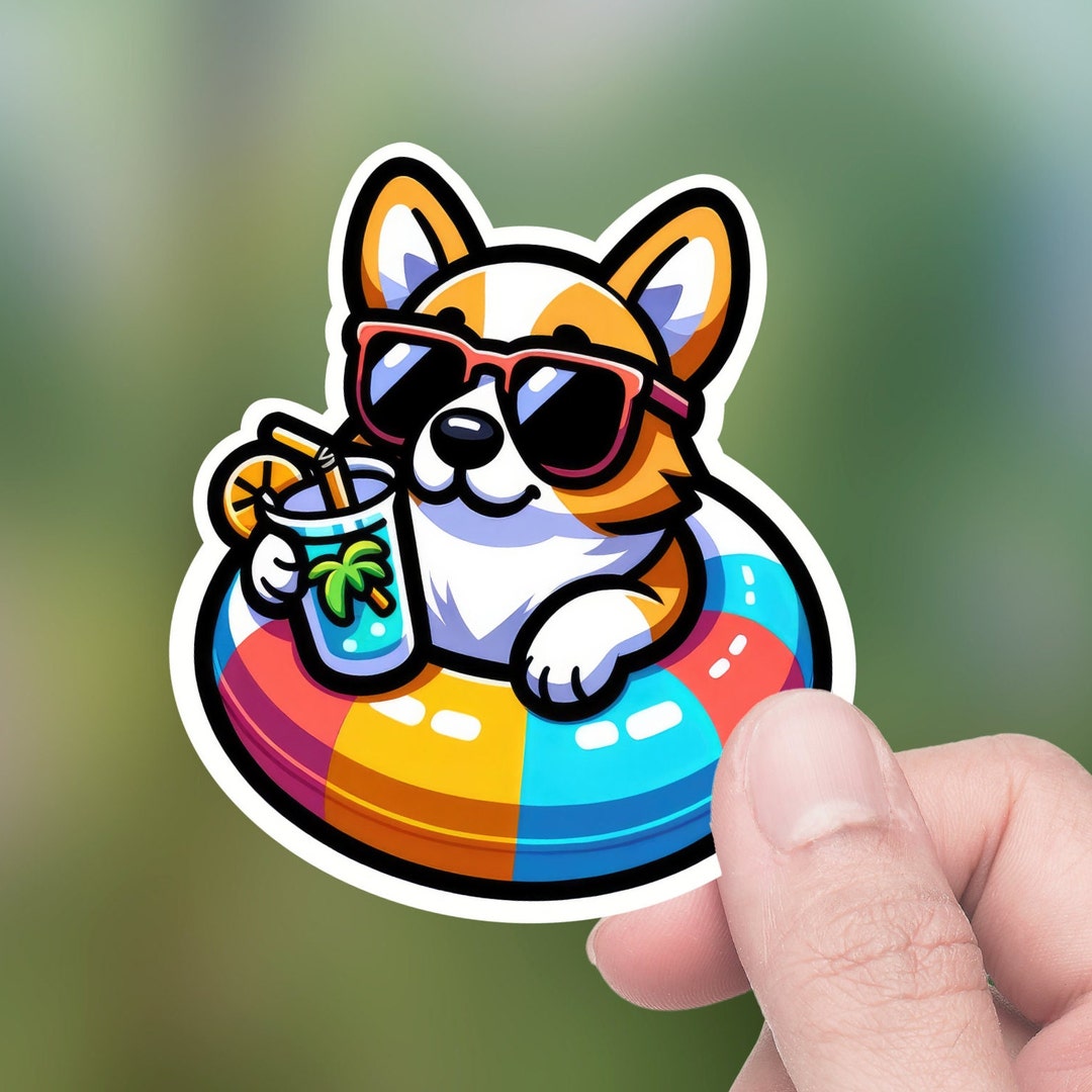 Cute Corgi Chilling for the Summer, Die-cut Sticker, Hydro Flask ...